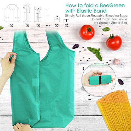 BeeGreen Reusable-Grocery-Bags-Foldable-Machine-Washable-Reusable-Shopping-Bags-Bulk Colorful 10 Pack 50LBS Extra Large Folding Reusable Bags Totes w Zipper Storage Bag Lightweight Polyester Fabric