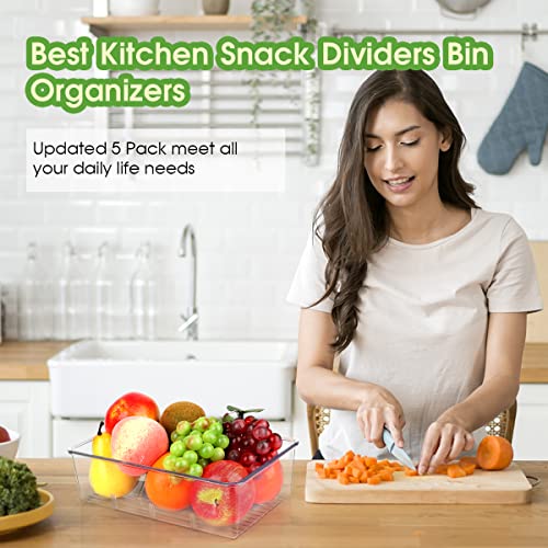 ZIZOTI 5 Pack Food Storage Organizer Bins Clear Plastic Removable Snack Organizer Pantry Organization Storage Racks with 3 Dividers, Kitchen, Cabinets Snacks, Packets, Spices, Pouches Stackable Bins