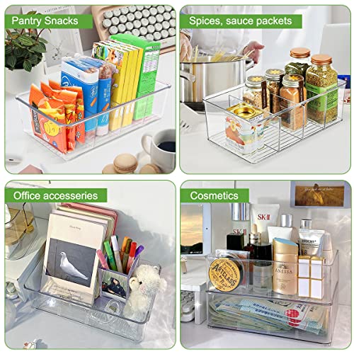 ZIZOTI 5 Pack Food Storage Organizer Bins Clear Plastic Removable Snack Organizer Pantry Organization Storage Racks with 3 Dividers, Kitchen, Cabinets Snacks, Packets, Spices, Pouches Stackable Bins