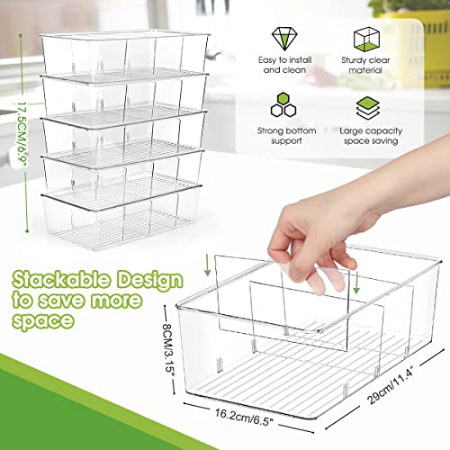 ZIZOTI 5 Pack Food Storage Organizer Bins Clear Plastic Removable Snack Organizer Pantry Organization Storage Racks with 3 Dividers, Kitchen, Cabinets Snacks, Packets, Spices, Pouches Stackable Bins