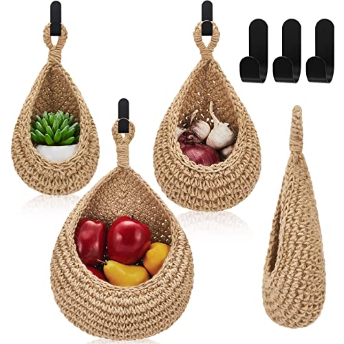 Honeydak Hanging Wall Basket Teardrop Baskets Onion Coat Bohemian Storage Fruit Hooks for Kitchen Home Restaurant Garlic Vegetable Planters, 3 Sizes (Light Linen)