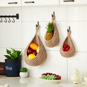 Honeydak Hanging Wall Basket Teardrop Baskets Onion Coat Bohemian Storage Fruit Hooks for Kitchen Home Restaurant Garlic Vegetable Planters, 3 Sizes (Light Linen)