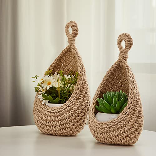 Honeydak Hanging Wall Basket Teardrop Baskets Onion Coat Bohemian Storage Fruit Hooks for Kitchen Home Restaurant Garlic Vegetable Planters, 3 Sizes (Light Linen)