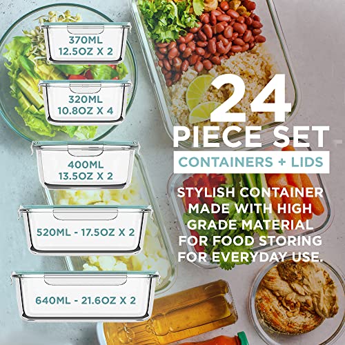 Razab 24 Pc Glass Food Storage Containers Airtight Lids Microwave/Oven/Freezer & Dishwasher Safe - Steam Release Valve BPA/ PVC-Free -Small & Large Reusable Round, Square & Rectangle Bento Containers