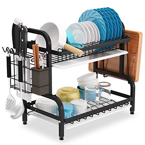 1Easylife Dish Drying Rack, 2-Tier Compact Kitchen Dish Rack Drainboard Set, Large Rust-Proof Dish Drainer with Utensil Holder, Cutting Board Holder for Kitchen