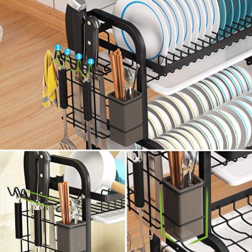 1Easylife Dish Drying Rack, 2-Tier Compact Kitchen Dish Rack Drainboard Set, Large Rust-Proof Dish Drainer with Utensil Holder, Cutting Board Holder for Kitchen