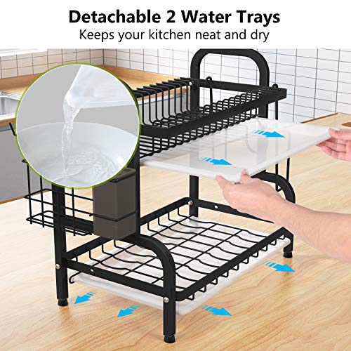 1Easylife Dish Drying Rack, 2-Tier Compact Kitchen Dish Rack Drainboard Set, Large Rust-Proof Dish Drainer with Utensil Holder, Cutting Board Holder for Kitchen