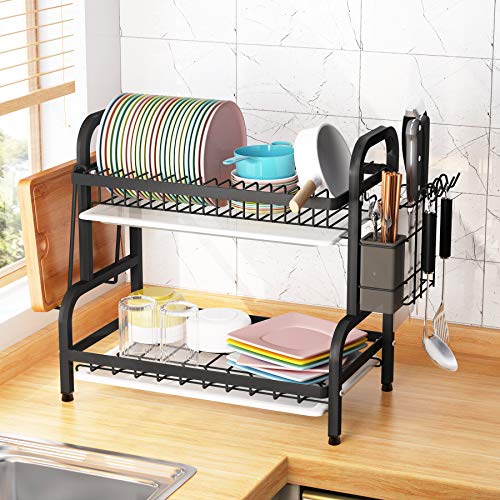 1Easylife Dish Drying Rack, 2-Tier Compact Kitchen Dish Rack Drainboard Set, Large Rust-Proof Dish Drainer with Utensil Holder, Cutting Board Holder for Kitchen