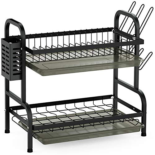 Swedecor Dish Drying Rack for Kitchen - 2 Tier Rust-Resistant Dish Rack Small Dish Drainer with Drainboard Tray, Cup Holder and Utensil Holder for Kitchen Countertop Saving Space, Black