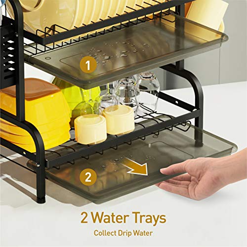 Swedecor Dish Drying Rack for Kitchen - 2 Tier Rust-Resistant Dish Rack Small Dish Drainer with Drainboard Tray, Cup Holder and Utensil Holder for Kitchen Countertop Saving Space, Black