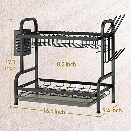 Swedecor Dish Drying Rack for Kitchen - 2 Tier Rust-Resistant Dish Rack Small Dish Drainer with Drainboard Tray, Cup Holder and Utensil Holder for Kitchen Countertop Saving Space, Black