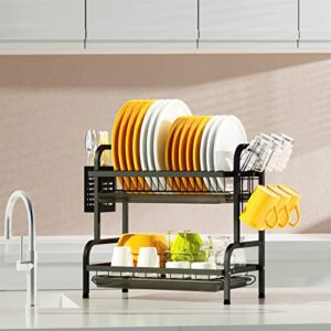 Swedecor Dish Drying Rack for Kitchen - 2 Tier Rust-Resistant Dish Rack Small Dish Drainer with Drainboard Tray, Cup Holder and Utensil Holder for Kitchen Countertop Saving Space, Black