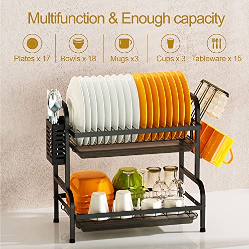 Swedecor Dish Drying Rack for Kitchen - 2 Tier Rust-Resistant Dish Rack Small Dish Drainer with Drainboard Tray, Cup Holder and Utensil Holder for Kitchen Countertop Saving Space, Black