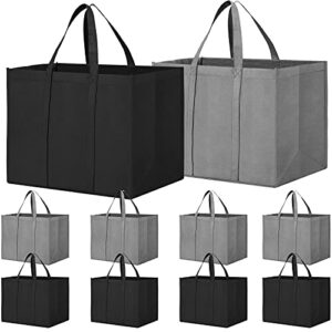 wiselife reusable grocery shopping bags 10 pack large foldable tote bags bulk, eco produce bags with long handle for shopping groceries clothes (grey&black)