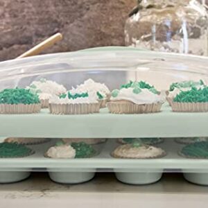 Top Shelf Elements Cupcake Carrier, Fashionable Green Cupcake Holder Carries 24 Standard-Size Cupcakes, Durable Muffin Traveler Two Tier Stand and Reusable Cupcake Box