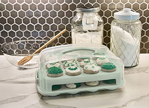 Top Shelf Elements Cupcake Carrier, Fashionable Green Cupcake Holder Carries 24 Standard-Size Cupcakes, Durable Muffin Traveler Two Tier Stand and Reusable Cupcake Box