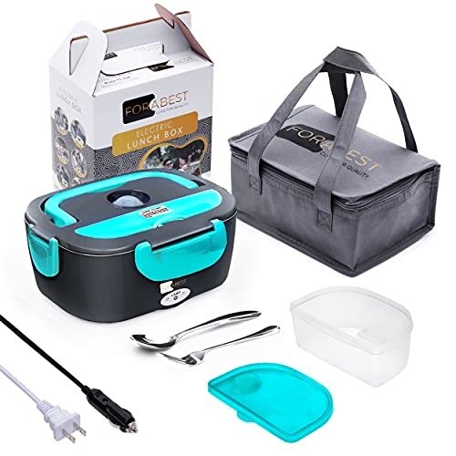 FORABEST Electric Lunch Box Food Heater 2-In-1 Portable Food Warmer Lunch Box for Car & Home – Leak proof, 2 Compartments, Removable 304 Stainless Steel Container, SS fork & spoon and Carry Bag