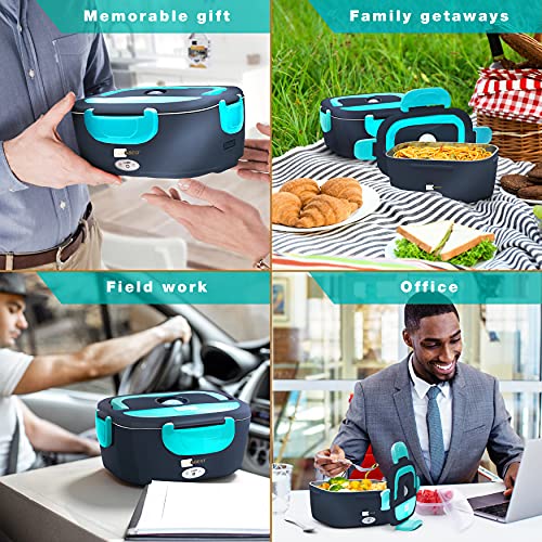 FORABEST Electric Lunch Box Food Heater 2-In-1 Portable Food Warmer Lunch Box for Car & Home – Leak proof, 2 Compartments, Removable 304 Stainless Steel Container, SS fork & spoon and Carry Bag