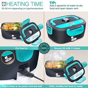 FORABEST Electric Lunch Box Food Heater 2-In-1 Portable Food Warmer Lunch Box for Car & Home – Leak proof, 2 Compartments, Removable 304 Stainless Steel Container, SS fork & spoon and Carry Bag