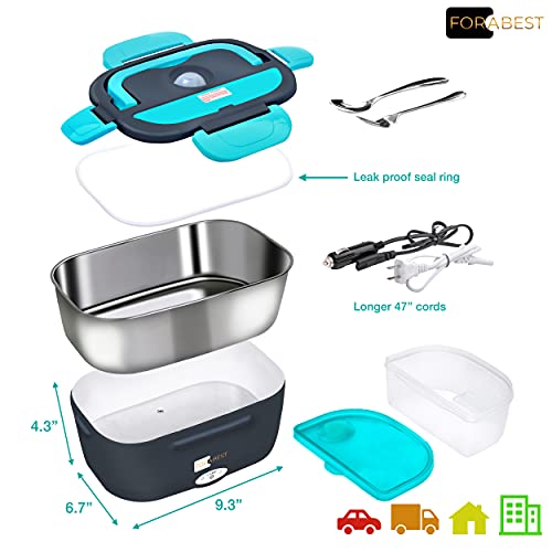 FORABEST Electric Lunch Box Food Heater 2-In-1 Portable Food Warmer Lunch Box for Car & Home – Leak proof, 2 Compartments, Removable 304 Stainless Steel Container, SS fork & spoon and Carry Bag