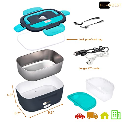 FORABEST Electric Lunch Box Food Heater 2-In-1 Portable Food Warmer Lunch Box for Car & Home – Leak proof, 2 Compartments, Removable 304 Stainless Steel Container, SS fork & spoon and Carry Bag