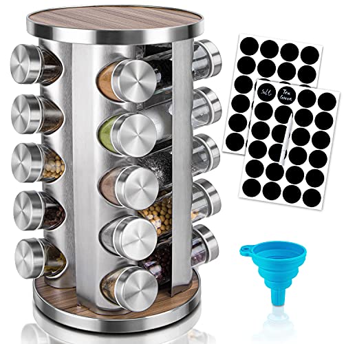 Rotating Spice Rack Organizer with Jars(20Pcs), Seasoning Organizer for Cabinet, Kitchen Spice Racks for Countertop, Revolving Stainless Steel Spice Organizer