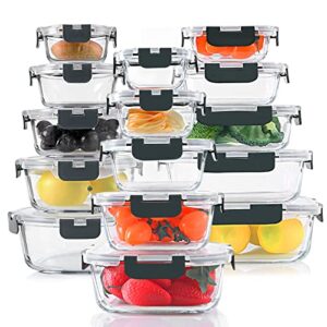 30 pieces glass food storage containers set, glass meal prep containers set with snap locking lids, airtight glass lunch containers, bpa-free, microwave, oven, freezer & dishwasher friendly,gray