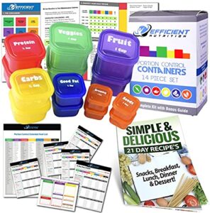 portion control containers deluxe kit (14-piece) with complete guide + 21 day planner + recipe ebook by efficient nutrition – bpa free color coded meal prep system for diet and weight loss