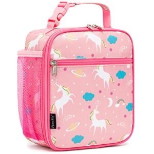 flowfly kids lunch box insulated soft bag mini cooler back to school thermal meal tote kit for girls, boys, unicorn