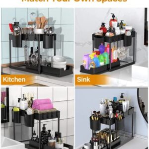 Stackable Under Sink Organizers and Storage - DILEASIR Upgraded 12in Heightened Sticks 2 Tier Under Sink Organizer with 4 Hanging Cups, 8 Dust Plugs, 8 Hooks, Multi-function Storage, Black, 2 Pack