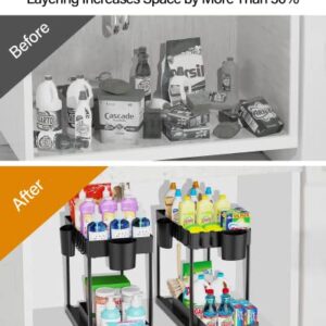 Stackable Under Sink Organizers and Storage - DILEASIR Upgraded 12in Heightened Sticks 2 Tier Under Sink Organizer with 4 Hanging Cups, 8 Dust Plugs, 8 Hooks, Multi-function Storage, Black, 2 Pack