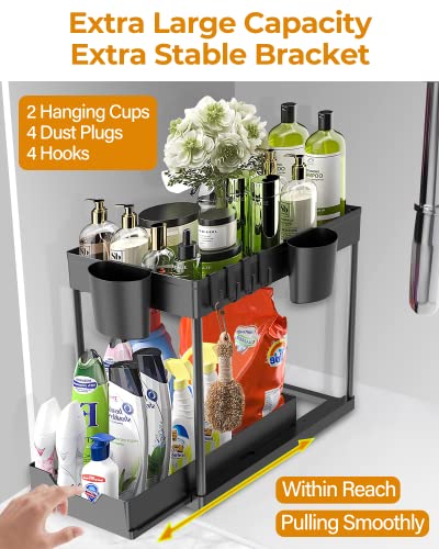 Stackable Under Sink Organizers and Storage - DILEASIR Upgraded 12in Heightened Sticks 2 Tier Under Sink Organizer with 4 Hanging Cups, 8 Dust Plugs, 8 Hooks, Multi-function Storage, Black, 2 Pack