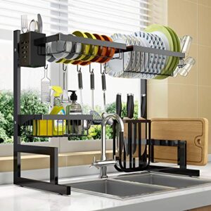 over the sink dish drying rack adjustable (25.6″-33.5″), 2 tier stainless steel dish rack drainer, large dish rack over sink for kitchen counter organizer storage space saver with 10 utility hooks