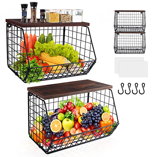 Mefirt 2pcs Fruit Basket Onion Storage Wire Baskets with Wood Lid, Stackable Wall-mounted & Countertop Tiered Kitchen Counter Organizer for Snack, Fruit and Vegetable Storage, 11.8 * 7.9 * 8.5 Inches