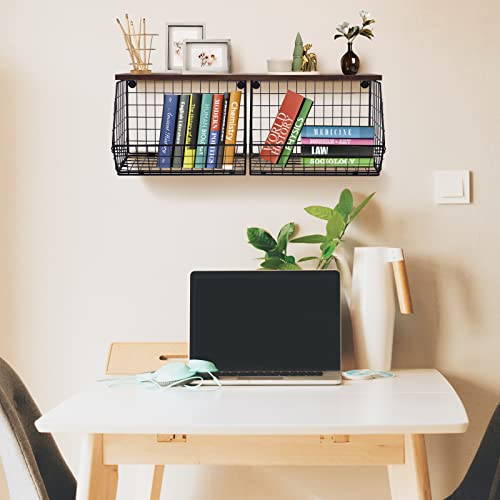 Mefirt 2pcs Fruit Basket Onion Storage Wire Baskets with Wood Lid, Stackable Wall-mounted & Countertop Tiered Kitchen Counter Organizer for Snack, Fruit and Vegetable Storage, 11.8 * 7.9 * 8.5 Inches