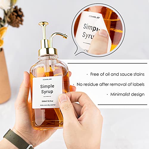 Combler Coffee Syrup Dispenser for Coffee Bar Accessories, 16.9oz 500ml Syrup Bottles 2pcs Set, Glass Syrup Dispenser w. Gold Pumps and Labels, Coffee Accessories for Cinnamon, Vanilla, Caramel, Gifts