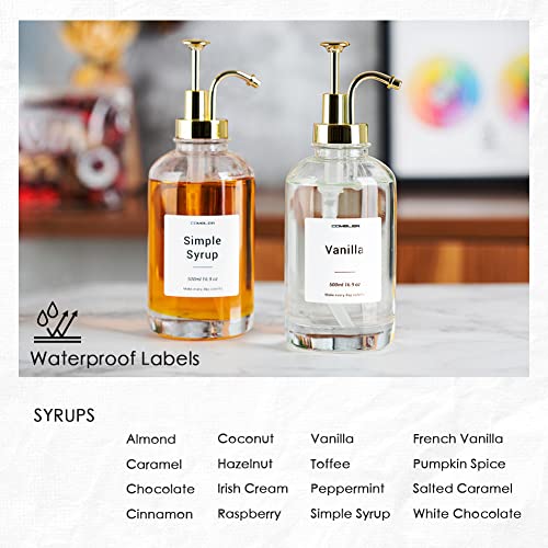 Combler Coffee Syrup Dispenser for Coffee Bar Accessories, 16.9oz 500ml Syrup Bottles 2pcs Set, Glass Syrup Dispenser w. Gold Pumps and Labels, Coffee Accessories for Cinnamon, Vanilla, Caramel, Gifts