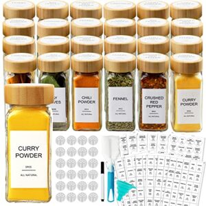 aisiprin 24 pcs glass spice jars with bamboo airtight lids and 398 labels, 4oz empty square containers seasoning storage bottles – shaker lids, funnel, brush and marker included