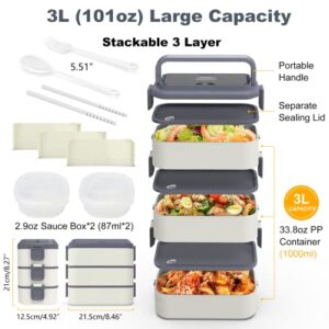 Kenuket Bento Box Lunch Box, Adult Lunch Container with 3L Large Capacity, Microwave Safe 3 Layers Stackable Lunch Box, Leakproof Food Container with Dividers and Sauce Boxes for Kids and Adults