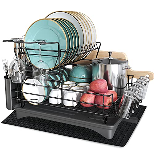 Qienrrae Dish Drying Rack with Drainboard Set, Stainless Steel 2 Tier Black Dish Rack with Drainage for Kitchen Counter, Large Dish Drainers with Wine Glass Holder, Utensil Holder and Extra Dryer Mat