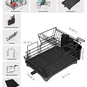 Qienrrae Dish Drying Rack with Drainboard Set, Stainless Steel 2 Tier Black Dish Rack with Drainage for Kitchen Counter, Large Dish Drainers with Wine Glass Holder, Utensil Holder and Extra Dryer Mat