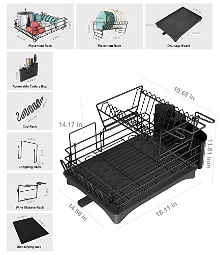 Qienrrae Dish Drying Rack with Drainboard Set, Stainless Steel 2 Tier Black Dish Rack with Drainage for Kitchen Counter, Large Dish Drainers with Wine Glass Holder, Utensil Holder and Extra Dryer Mat