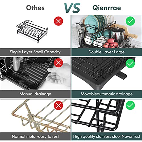 Qienrrae Dish Drying Rack with Drainboard Set, Stainless Steel 2 Tier Black Dish Rack with Drainage for Kitchen Counter, Large Dish Drainers with Wine Glass Holder, Utensil Holder and Extra Dryer Mat