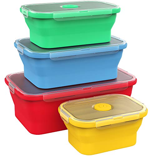 Vremi Silicone Food Storage Containers with BPA Free Airtight Plastic Lids - Set of 4 Small and Large Collapsible Meal Prep Container for Kitchen Lunch Boxes - Microwave and Freezer Safe