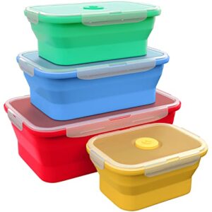 Vremi Silicone Food Storage Containers with BPA Free Airtight Plastic Lids - Set of 4 Small and Large Collapsible Meal Prep Container for Kitchen Lunch Boxes - Microwave and Freezer Safe