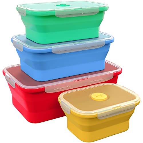 Vremi Silicone Food Storage Containers with BPA Free Airtight Plastic Lids - Set of 4 Small and Large Collapsible Meal Prep Container for Kitchen Lunch Boxes - Microwave and Freezer Safe