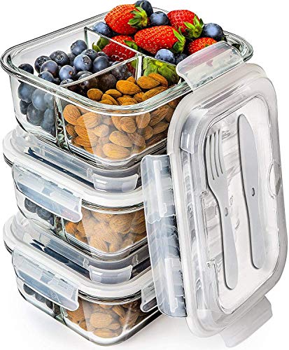 PrepNaturals Glass Meal Prep Containers 3 Compartment - Bento Box Containers Glass Food Storage Containers with Lids - Food Containers Food Prep Containers Glass Storage Containers with Lids 3 Pack