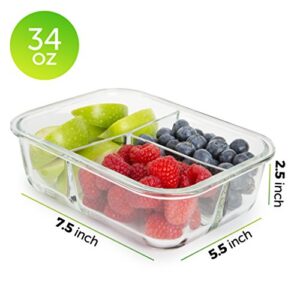 PrepNaturals Glass Meal Prep Containers 3 Compartment - Bento Box Containers Glass Food Storage Containers with Lids - Food Containers Food Prep Containers Glass Storage Containers with Lids 3 Pack