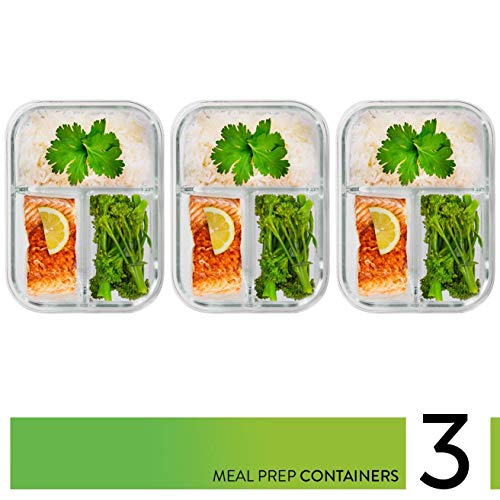 PrepNaturals Glass Meal Prep Containers 3 Compartment - Bento Box Containers Glass Food Storage Containers with Lids - Food Containers Food Prep Containers Glass Storage Containers with Lids 3 Pack