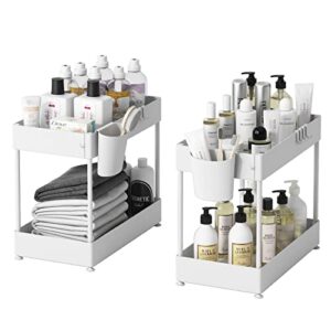 Under Sink Organizer, Under Bathroom Cabinet Storage 2 Tier Under Sink Storage Rack with 6 Hooks, Under Cabinet Organizer Baskets, Multi-purpose Under Sink Shelf Organizer for Bathroom Kitchen